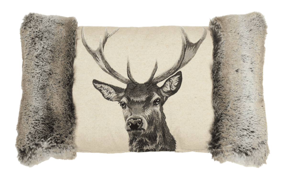 Country Linen Stag with Faux Fur Cushion with Feather Filler - 33x60cm ...