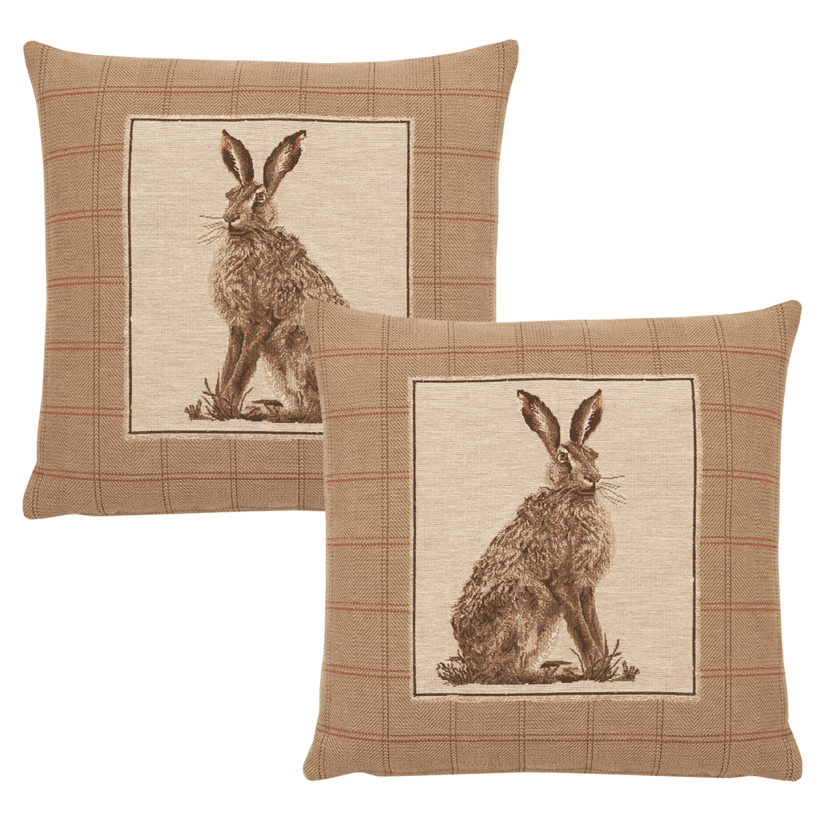 Pair of Country Hare Left & Right Tapestry Cushions with Feather Filler ...