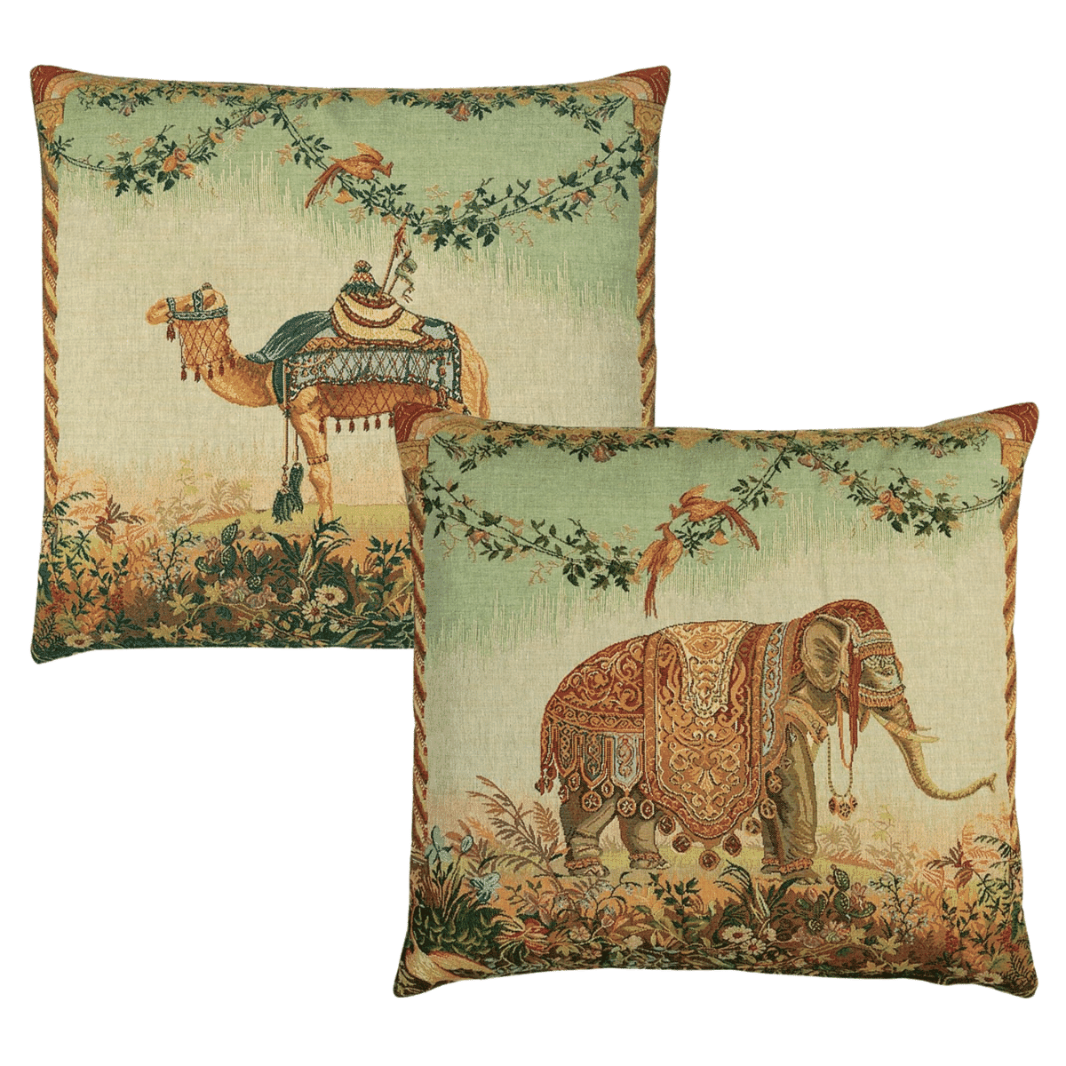 Pair of Elephant & Camel Tapestry Cushions with Feather Filler ...