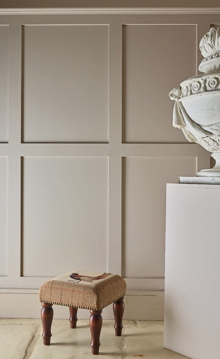 Fantail Pheasant Right Upholstered Stool with Velvet Sides | Upholstered Stools | Hines of Oxford